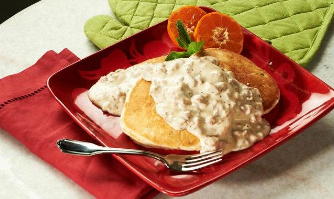 Buttermilk Biscuit Pancakes With Sausage Gravy