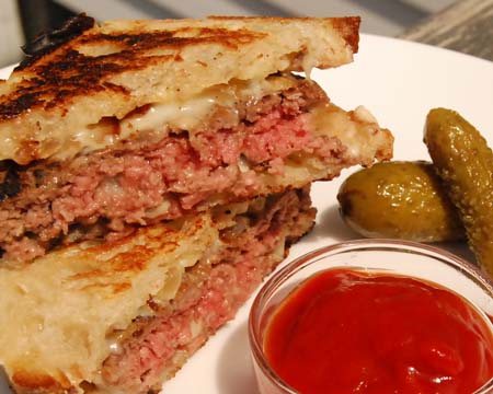 Grilled Patty Melt on Sourdough with Caramelized Onions and Spicy ...