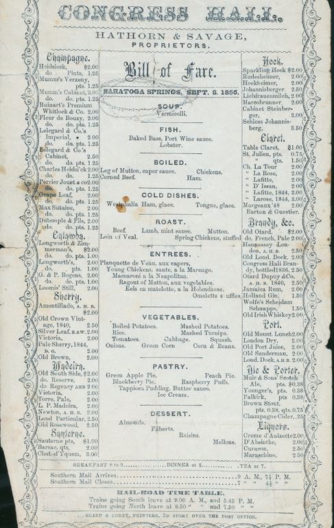 Menu Of The Week: Saratoga Springs' Congress Hall, 1856