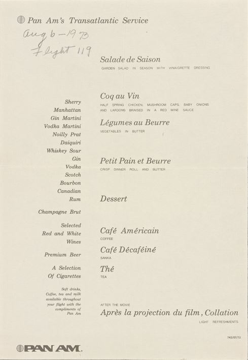 Menu Of The Week: Pan Am's Transatlantic Service, 1973
